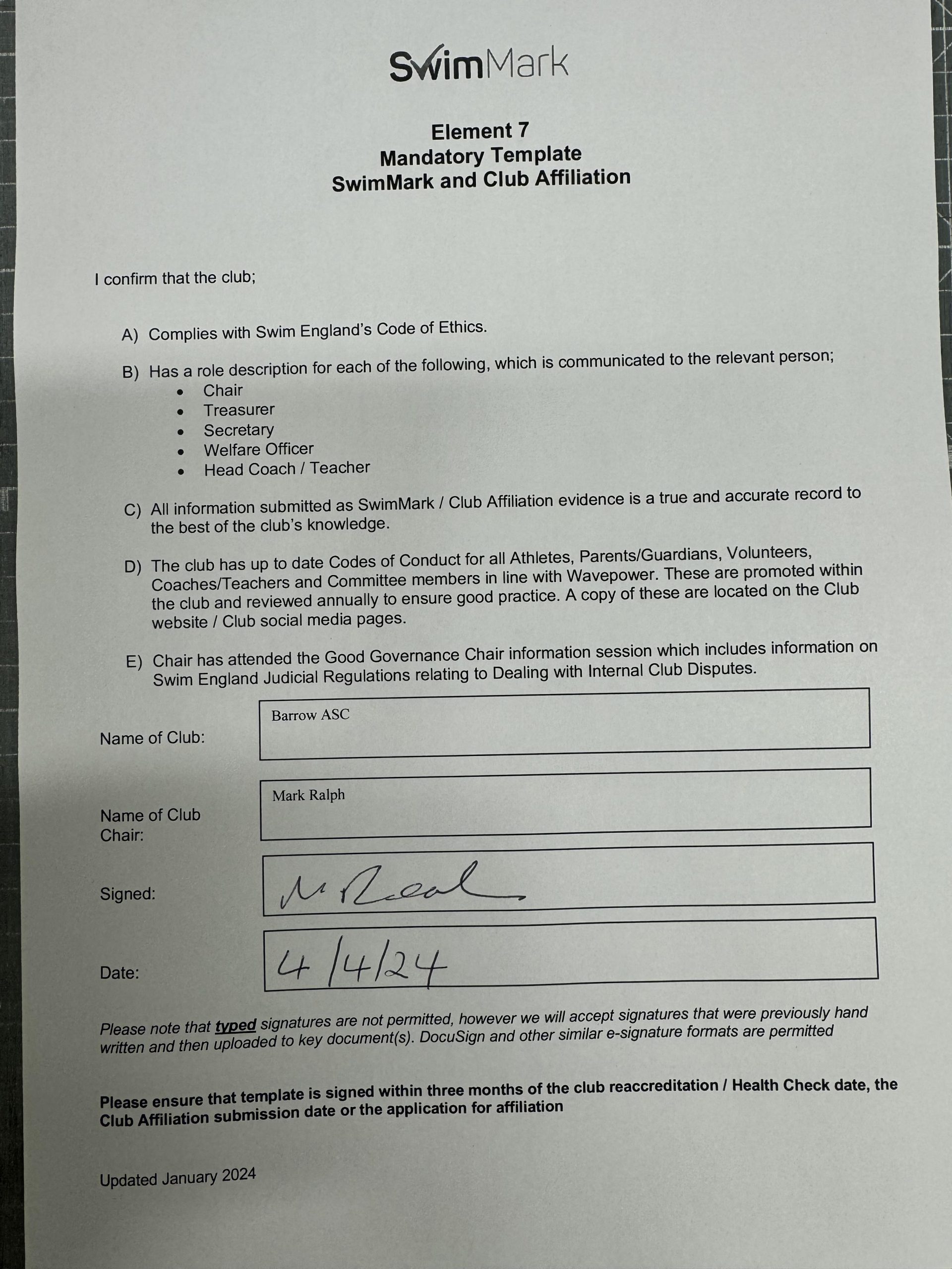 Club Compliance Chair Statement – Barrow ASC